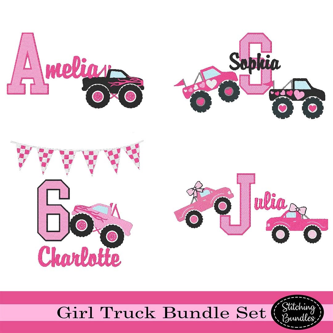 151 Girls Big Truck Embroidery Machine Designs Bundle Set Font 2 Color ...