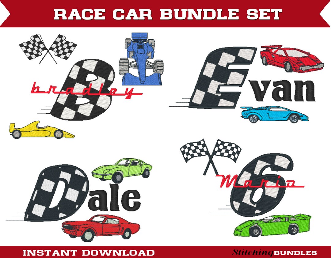 Race Car Embroidery Machine Designs Font Bundle Set 174 Files - Etsy
