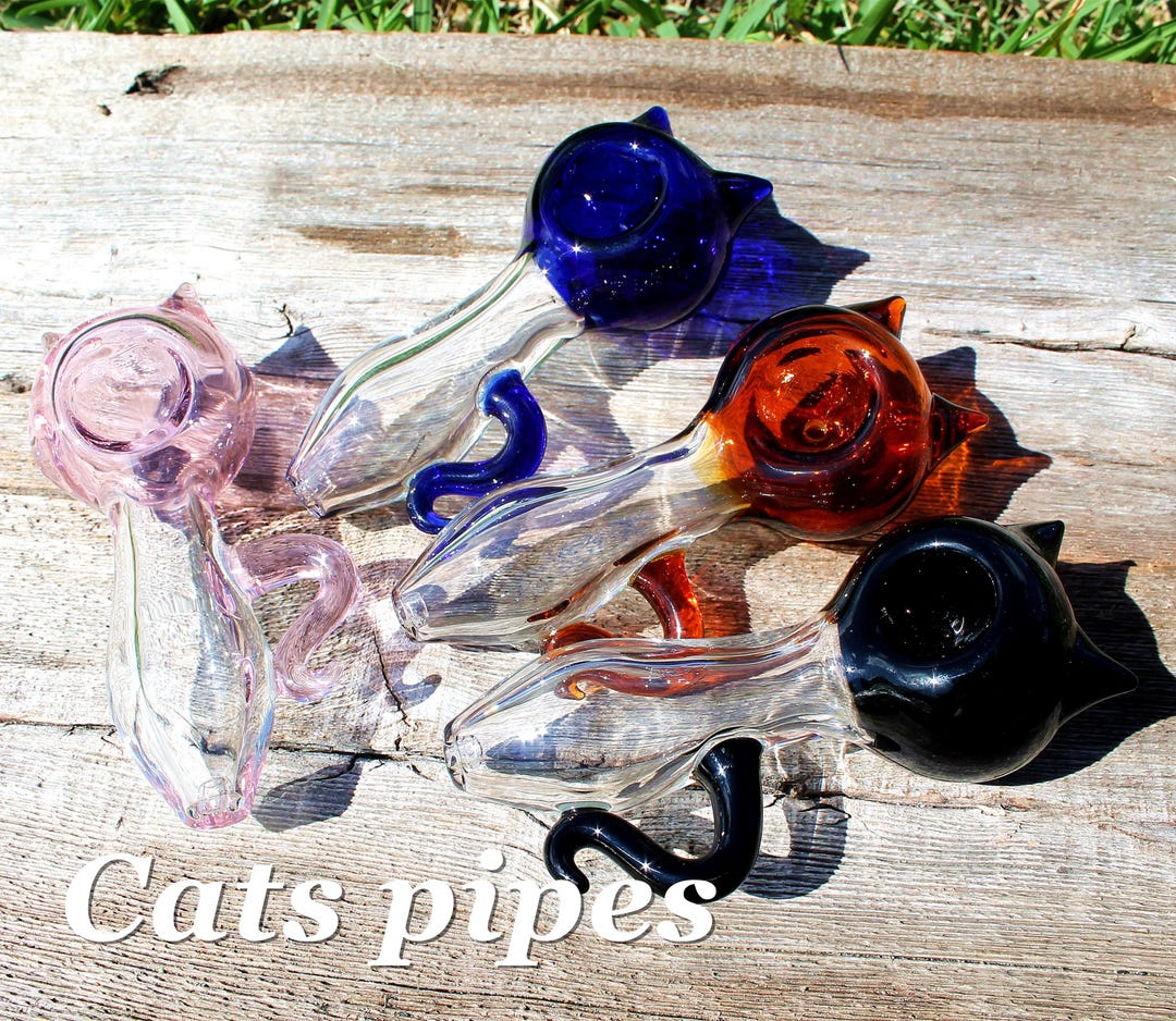 4.2" Cat Kitty Glass Smoking Pipes Cute Smoke Bowl Adorable Clear Pipe Tobacco Bowls Thick Heavy ...