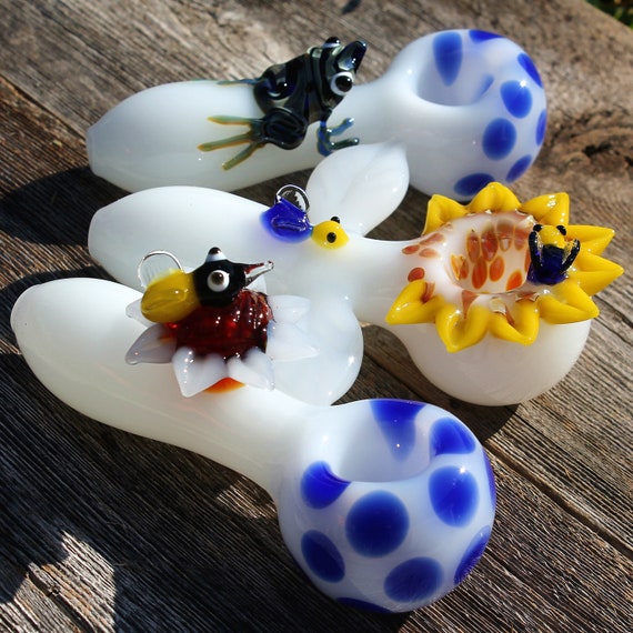 4.2 Glass Smoke Bowl White Jade Bees Sun Flowers Frogs - Etsy