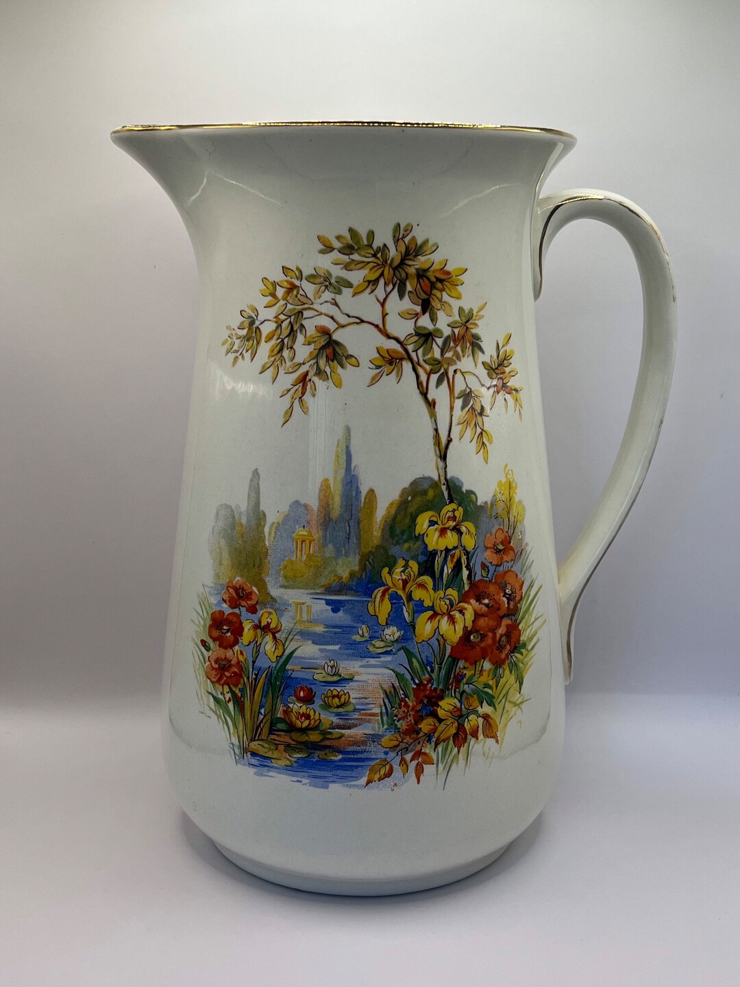 Large Vintage Cream Pitcher, Possibly York, Asian Garden, Nature Scene ...