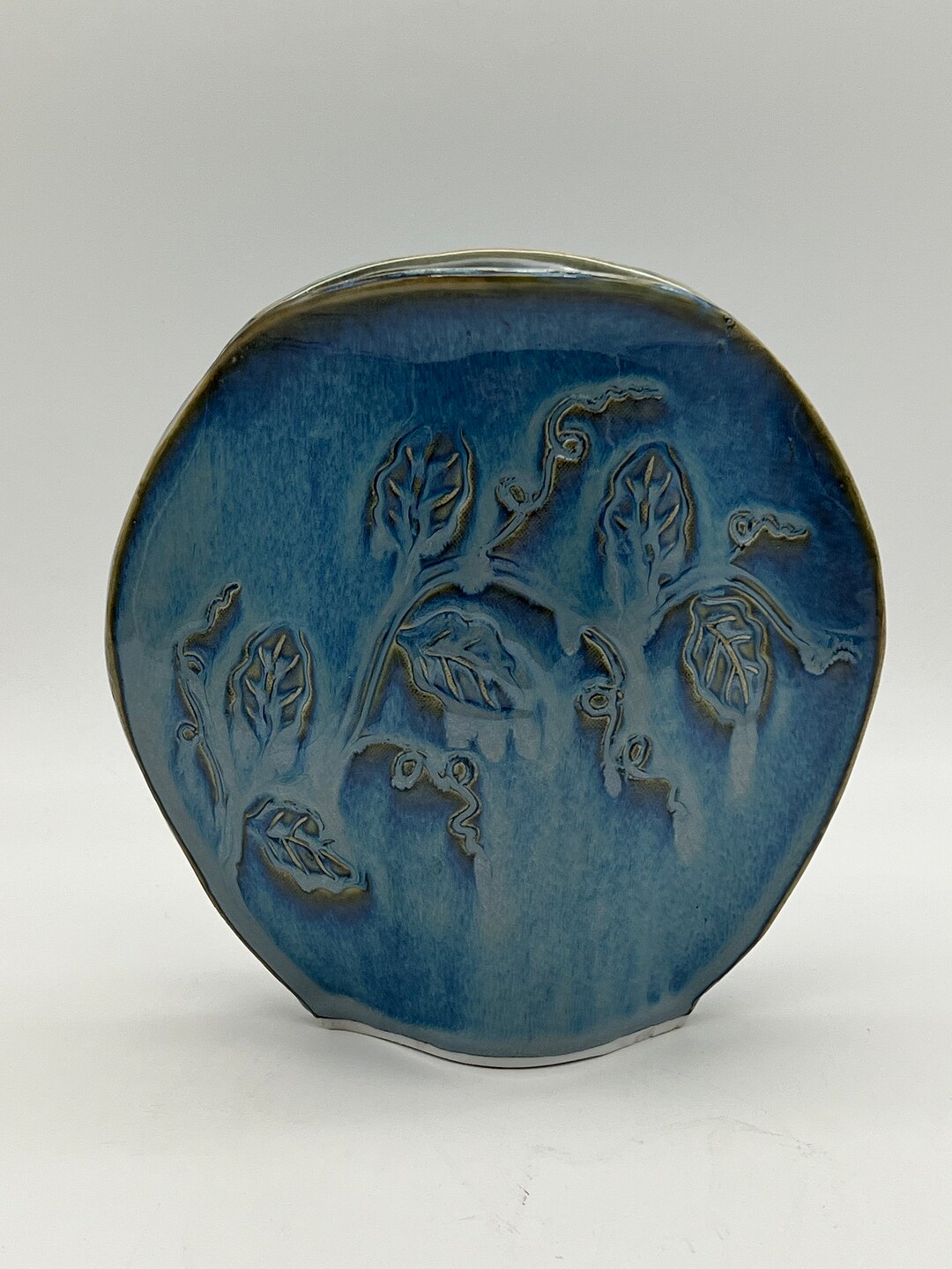 Gorgeous Blue Glazed Pottery Envelope Vase With Leaves Detail - Etsy