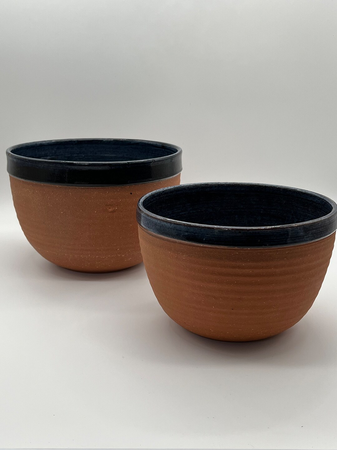 Hand Thrown Pottery Terracotta Mixing Bowls, Dark Denim Blue Glaze, Set ...