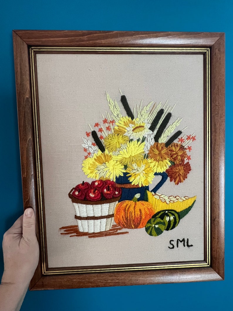 Vintage Fall Themed Crewel Needlework Framed Art - Etsy