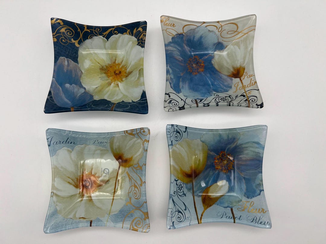 Prima Design 5 Square Art Glass Bowls, Blue and Gold Tones, Floral, New ...