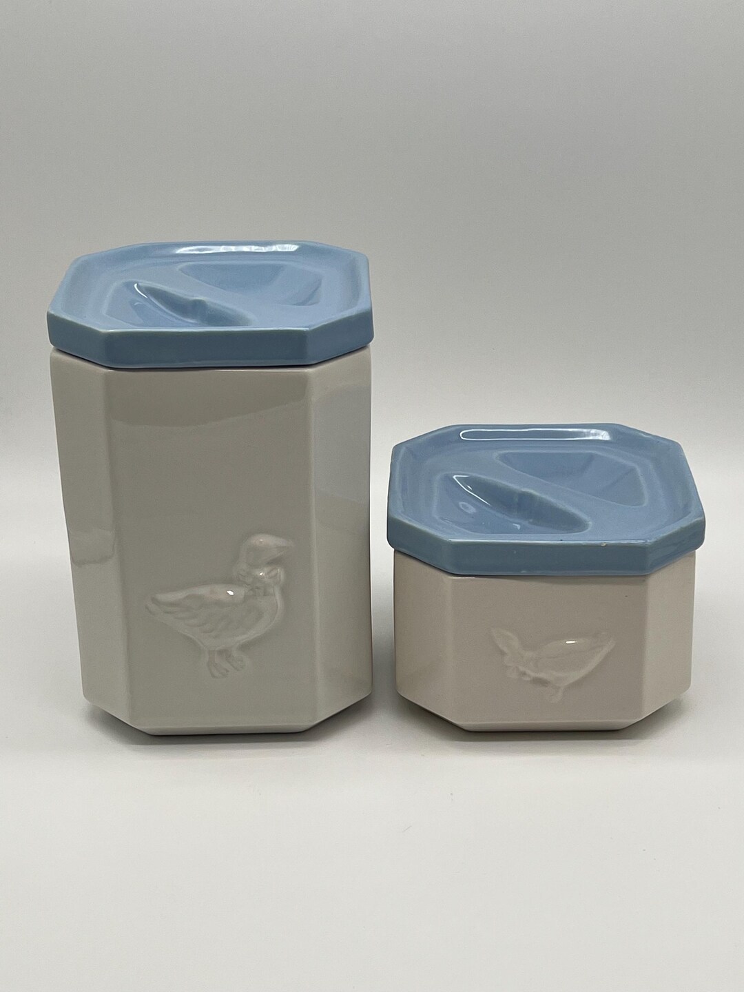 Vintage Mccoy Geese/goose Pottery Kitchen Canisters (2) White With Blue ...