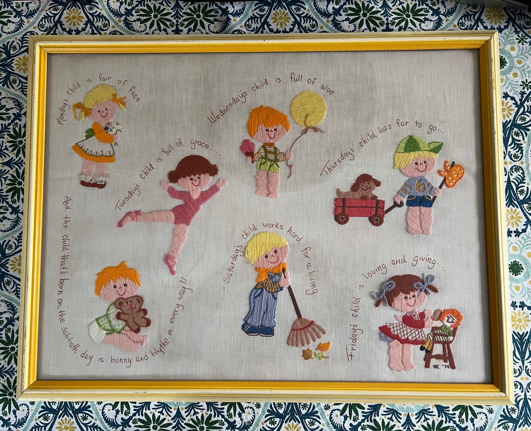 Vintage Large Framed Embroidery “monday’s Child” Illustrated Poem, 1979 ...