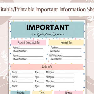 Editable and Printable Important Information Template Digital Download ...