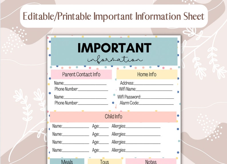 Editable and Printable Important Information Template Digital Download ...