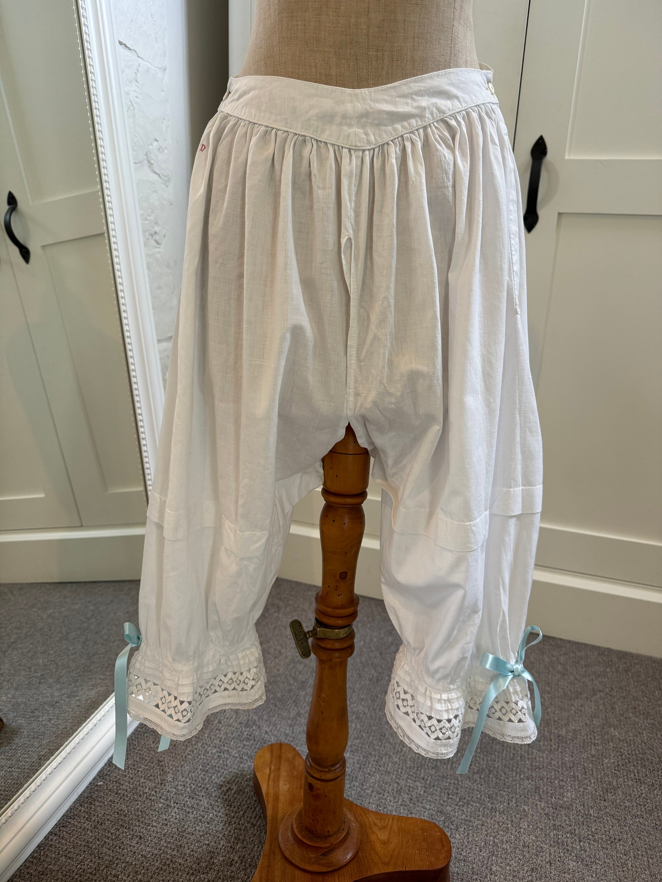 Antique French Cotton Bloomers: Hand Embroidered Monogram & Hem Frills ...
