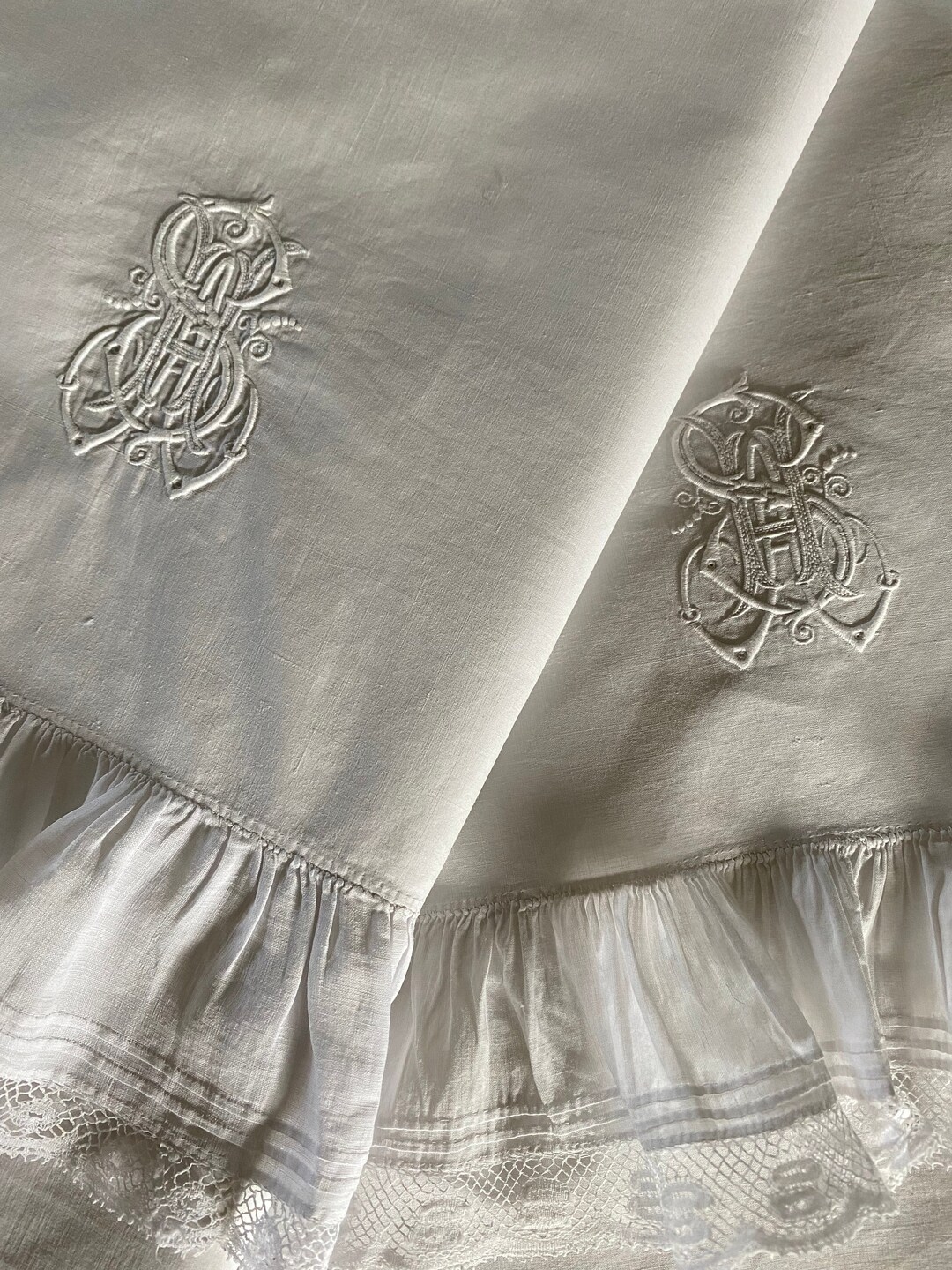 A Pair OF Antique Cot Sheets With Hand Embroidered Monograms ...