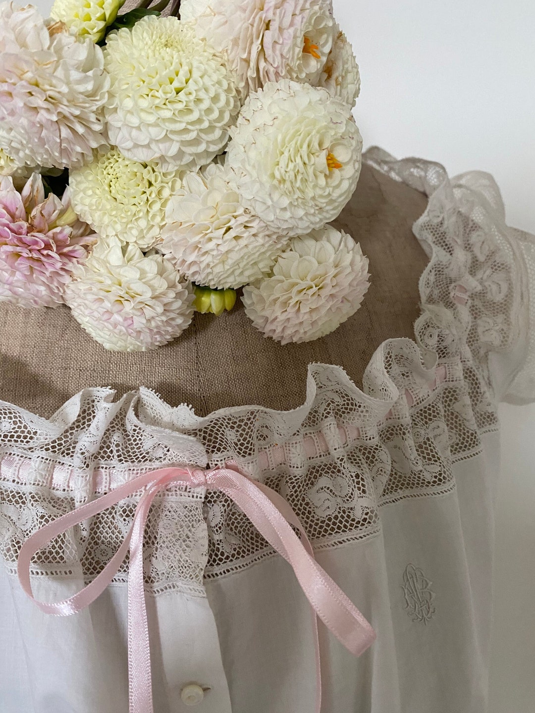 French Antique Corset Cover With Lace Trims and Embroidered Monogram ...