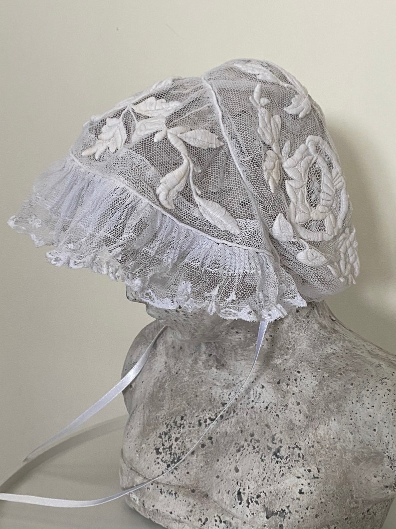 Exquisite French Antique Tulle Bonnet With Floral Embroidery. French ...