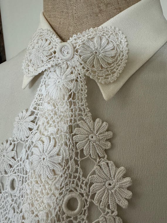 French Antique Hand Crochet Jabot With Bow. Hand Made… - Gem