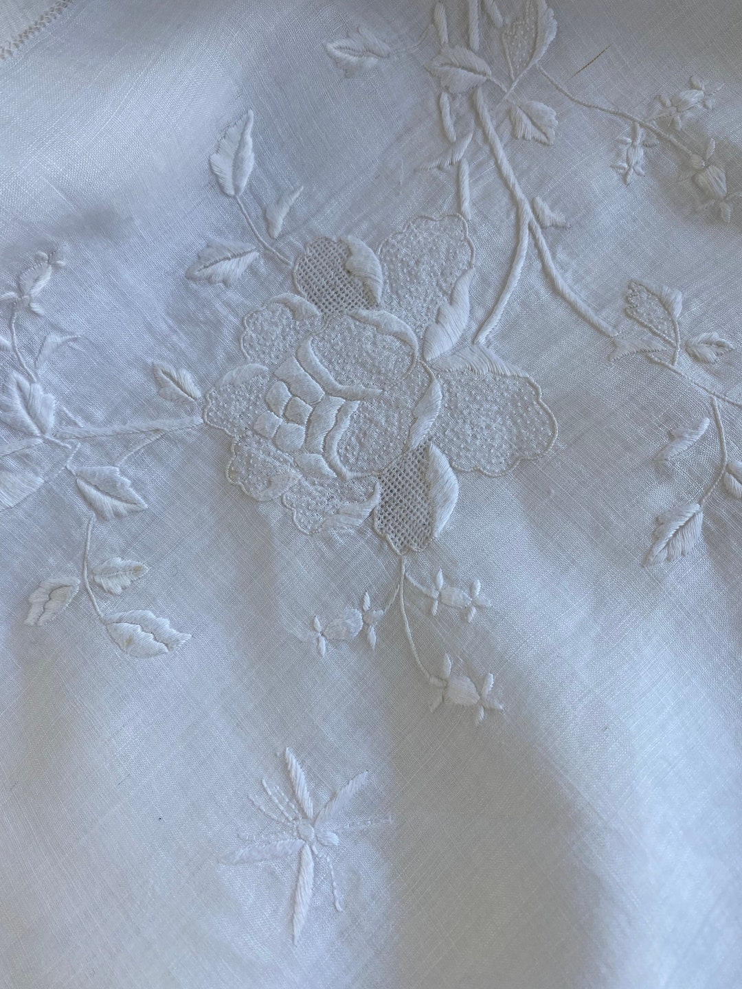 Antique Hand Embroidered Pina Tablecloth: Floral Butterfly Design (85 ...