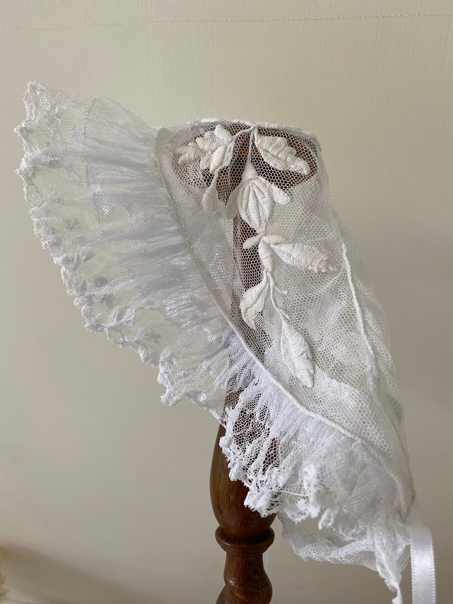 Exquisite French Antique Tulle Bonnet With Floral Embroidery. French ...