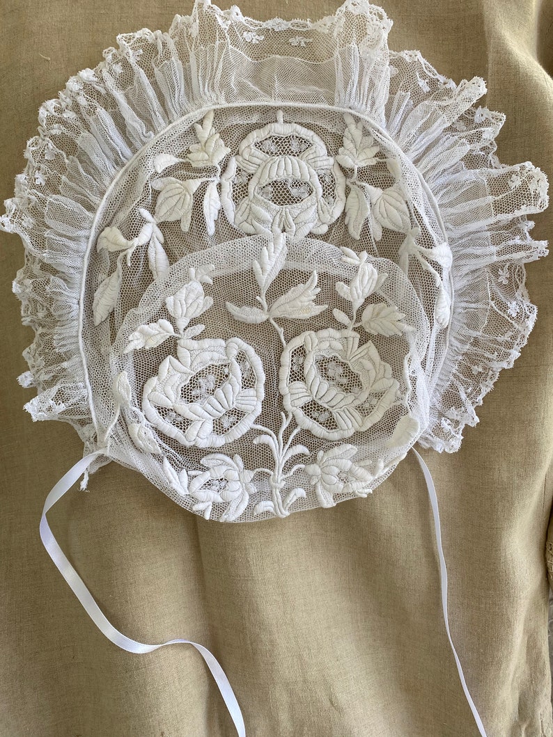 Exquisite French Antique Tulle Bonnet With Floral Embroidery. French ...