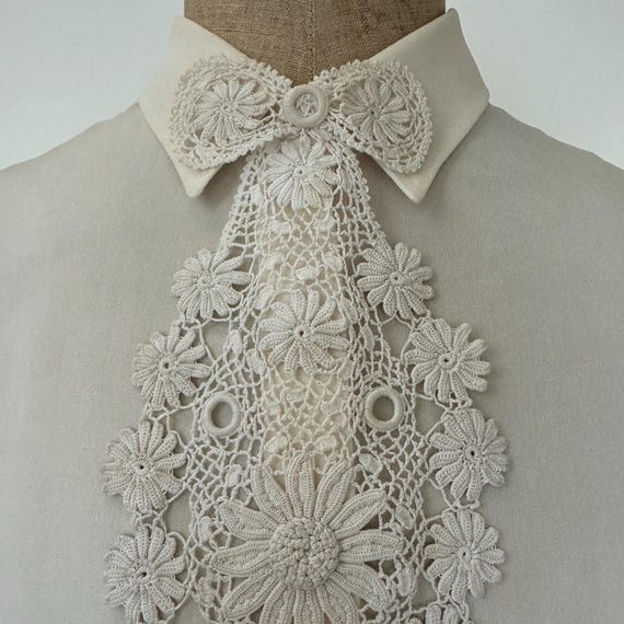 French Antique Hand Crochet Jabot With Bow. Hand Made… - Gem