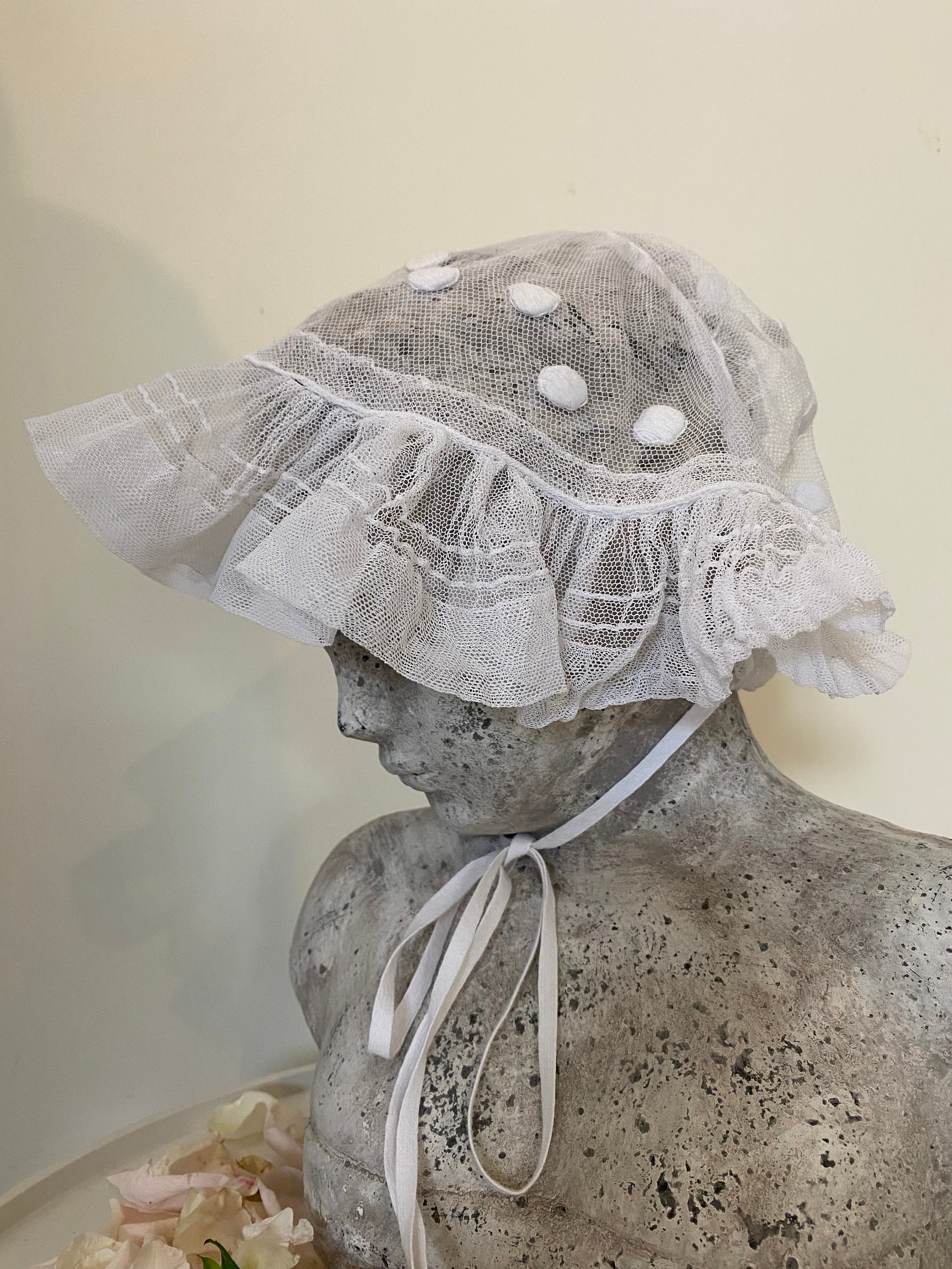 French Antique Tulle Bonnet With Hand Embroidery . Made by Hand in the ...