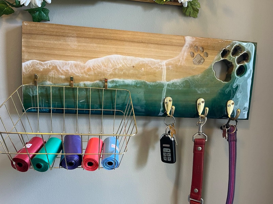 Solid Wood Beach Themed, Pet Leash Organizer With Basket, Epoxy Resin ...