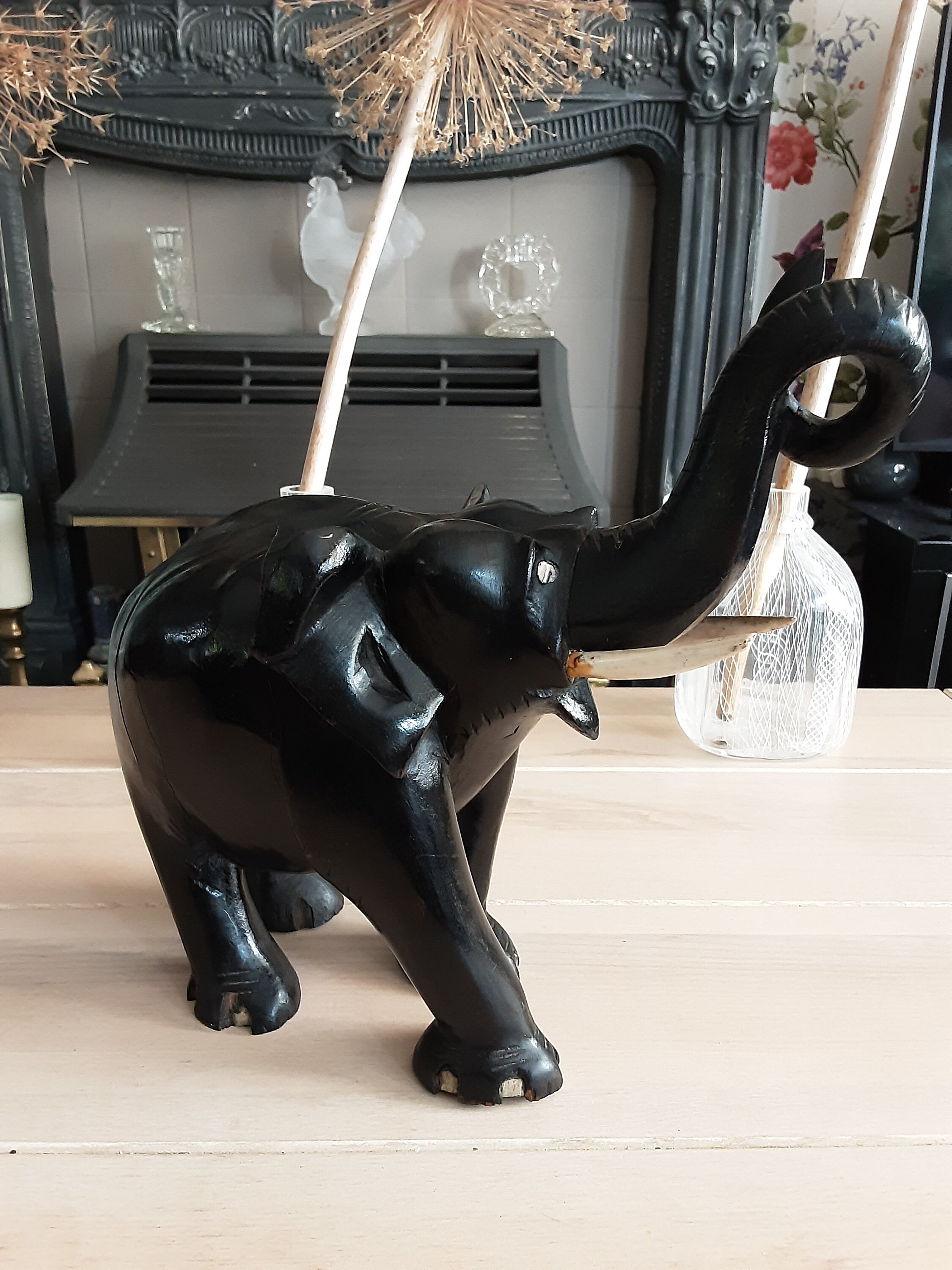 Large Antique Ebonized Wooden Elephant... Trunk Raised to the Left ...