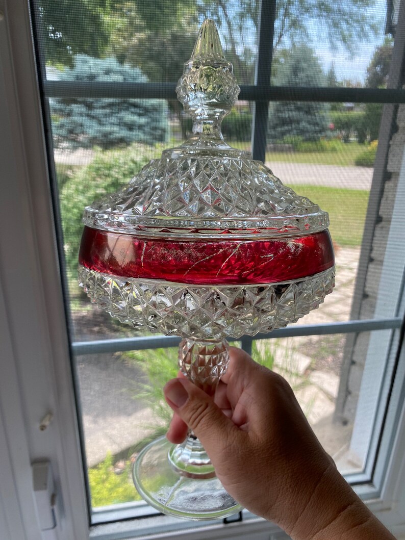 Vintage Pedestal Pressed Glass Candy Dish With Cranberry Glass - Etsy