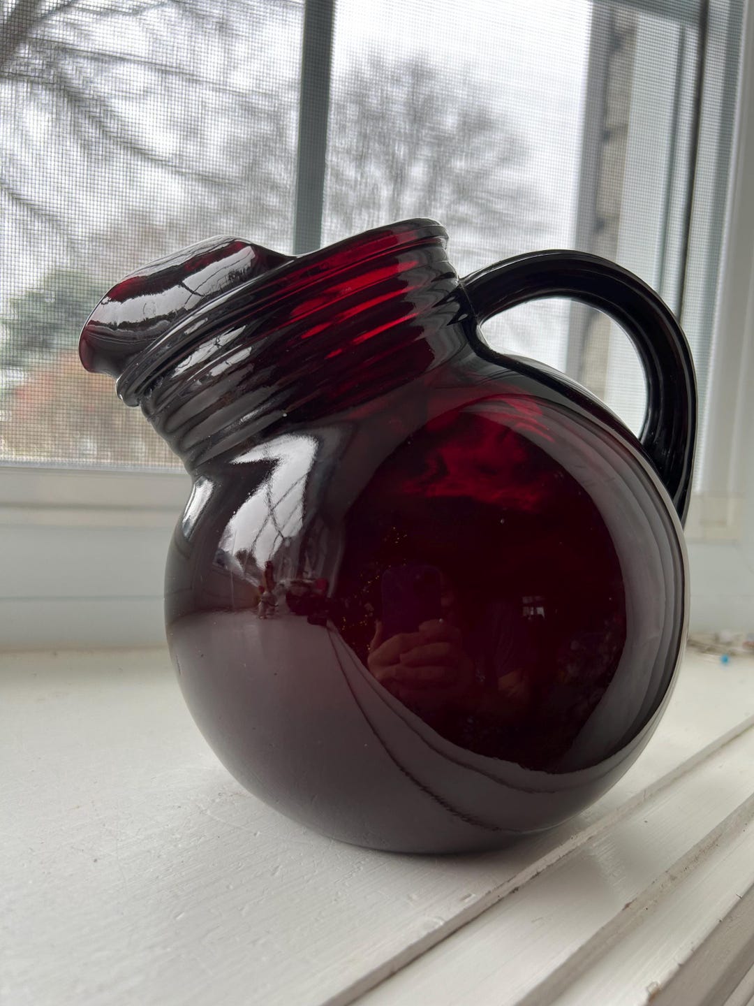 Vintage Ball Pitcher by Anchor-hocking, Tilt Pitcher, Ruby Red Pitcher ...