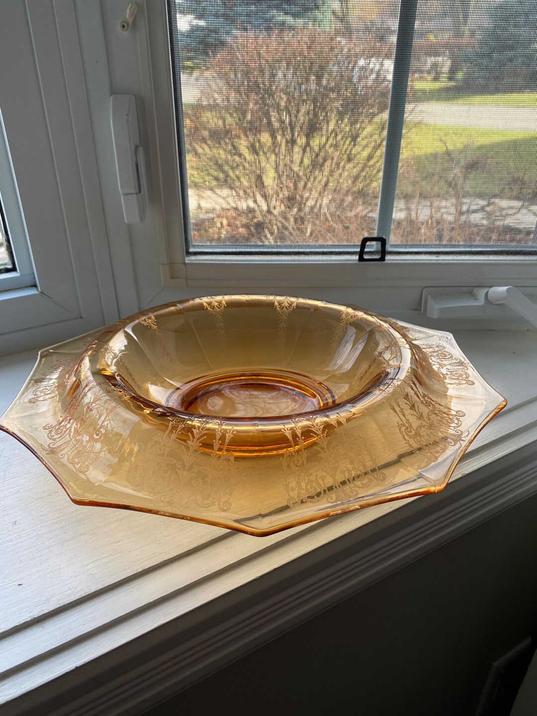 Vintage Cambridge Glass Cleo Etched Rolled Rim Decagon Centerpiece Bowl ...