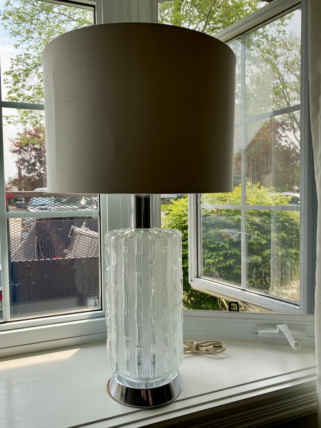 Vintage Ribbed Glass Table Lamp, White Shade - Etsy