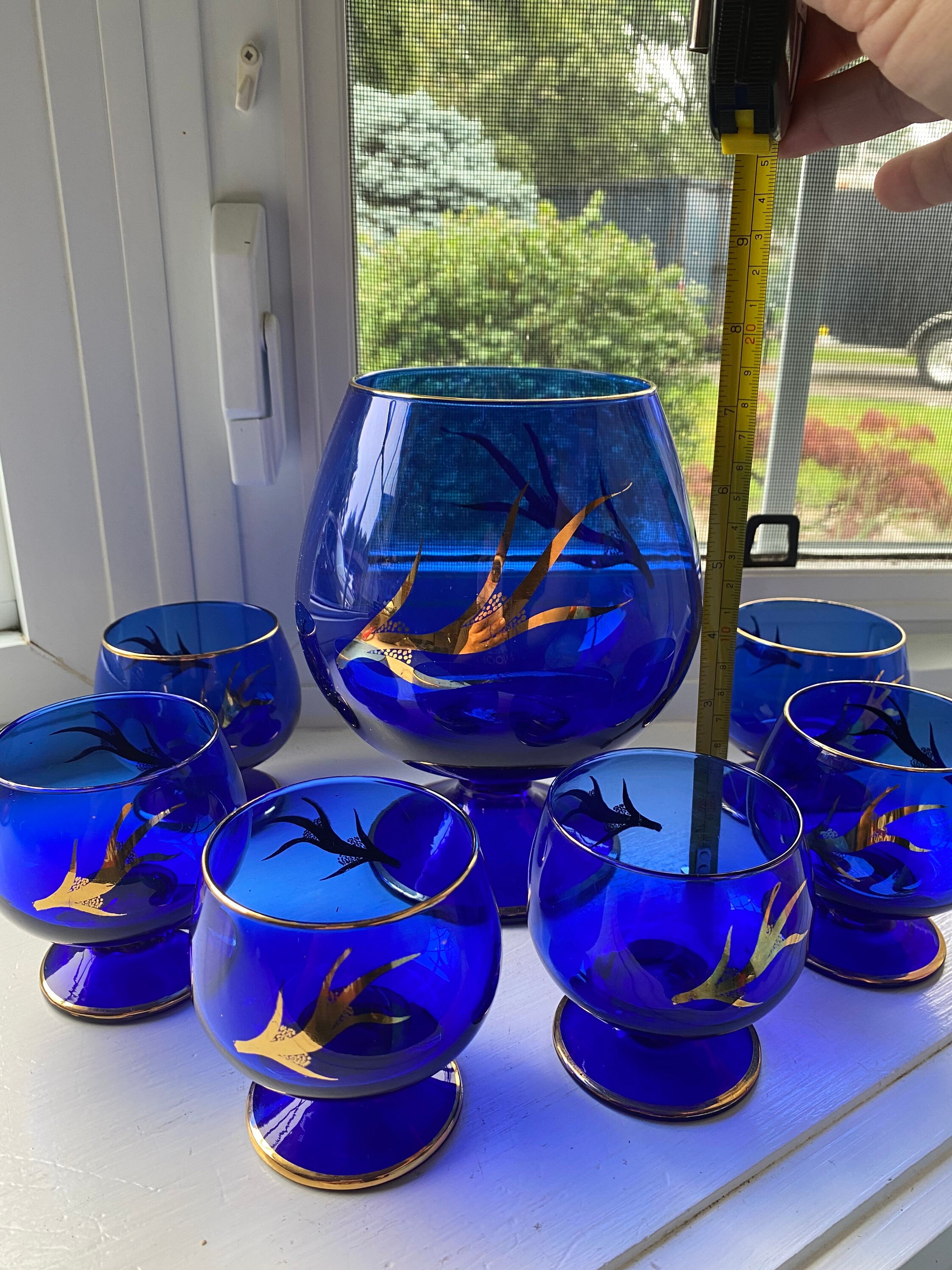 Vintage Cobalt Blue Glass Brandy Set Gold Accents Set of 7 | Etsy