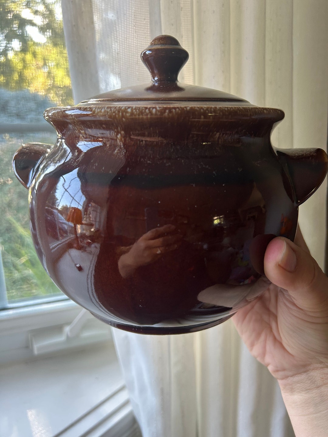 Vintage Bean Pot, Brown Drip Glaze Stoneware, Pot With Lid, Made in ...