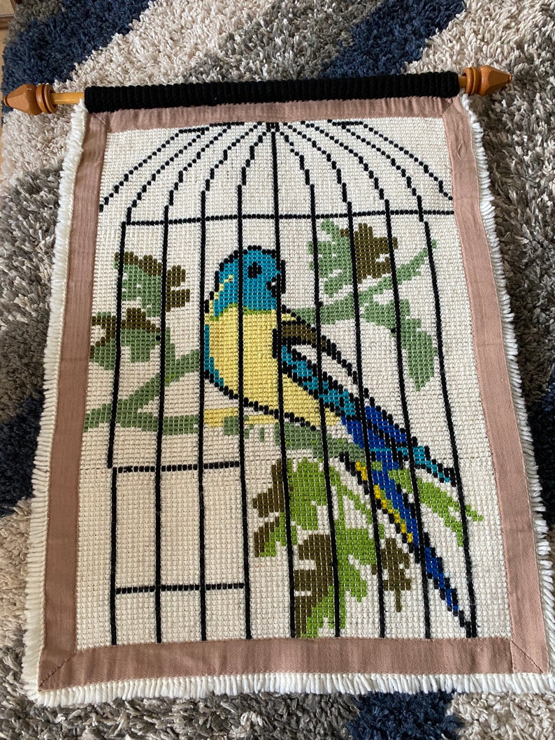 Vintage Latch Hook Wall Hanging Bird in a Cage Wall Decor - Etsy