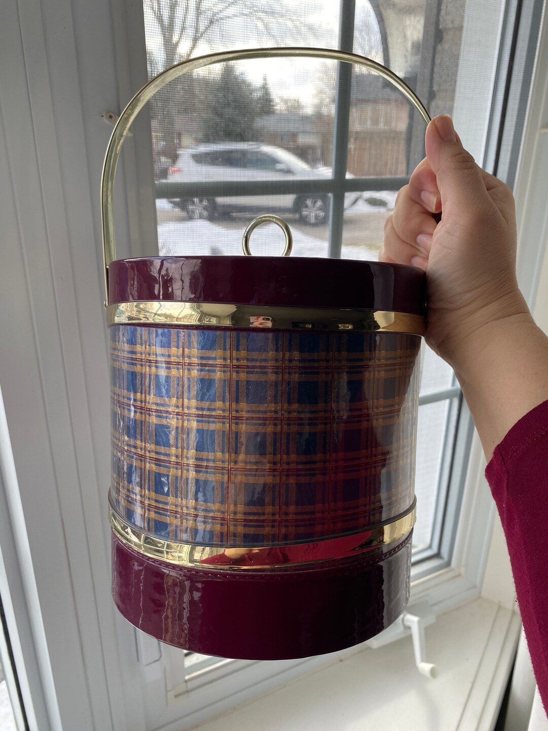 Vintage Retro Burgundy and Plaid Ice Bucket, MCM Barware, Gold Trim - Etsy
