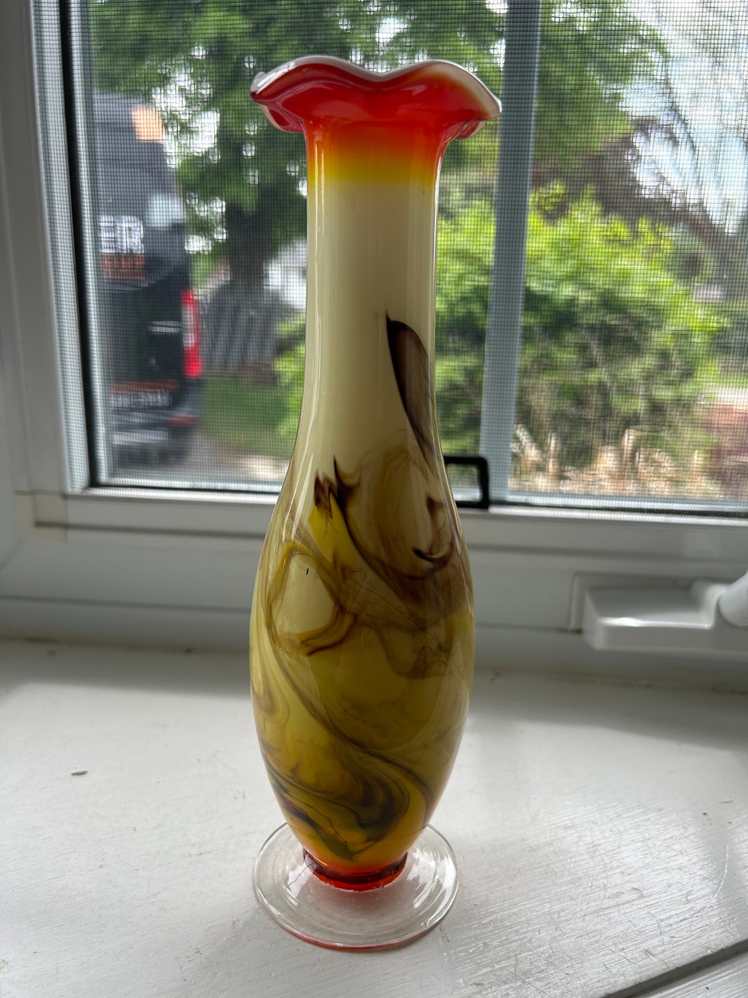 Vintage Chinese Dalian Glass Co. "snowflake" Vase Crimped Ruffled Top 9 ...