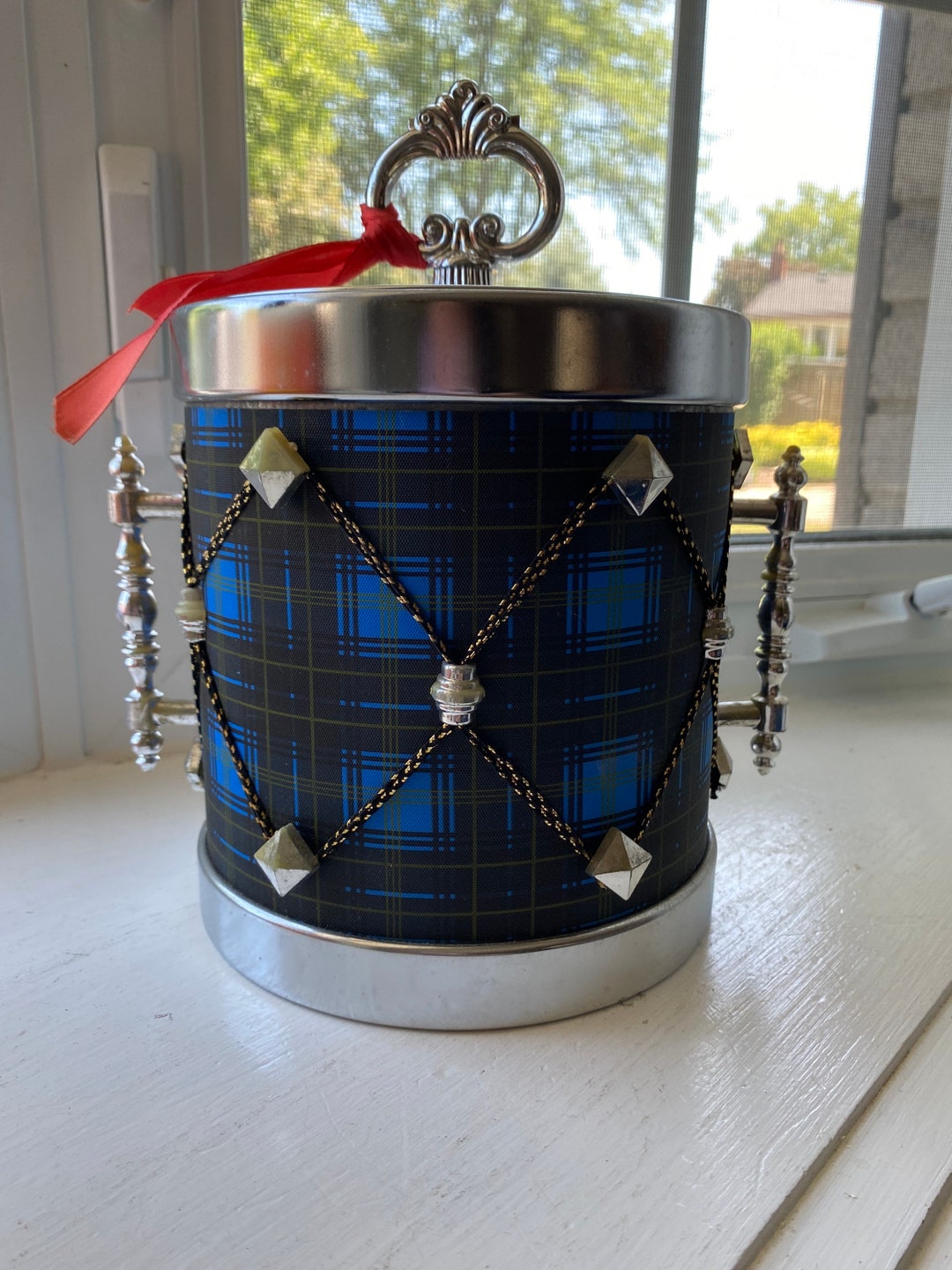 1960s Vintage Mid Century Retro Ice Bucket, Blue and Black Plaid Tartan ...
