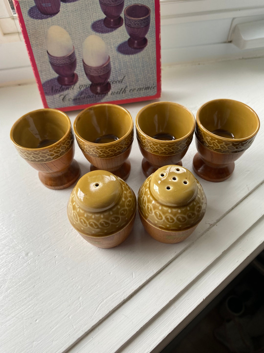 Vintage Breakfast Egg Cups and Salt and Pepper Set, Wood and Ceramic ...