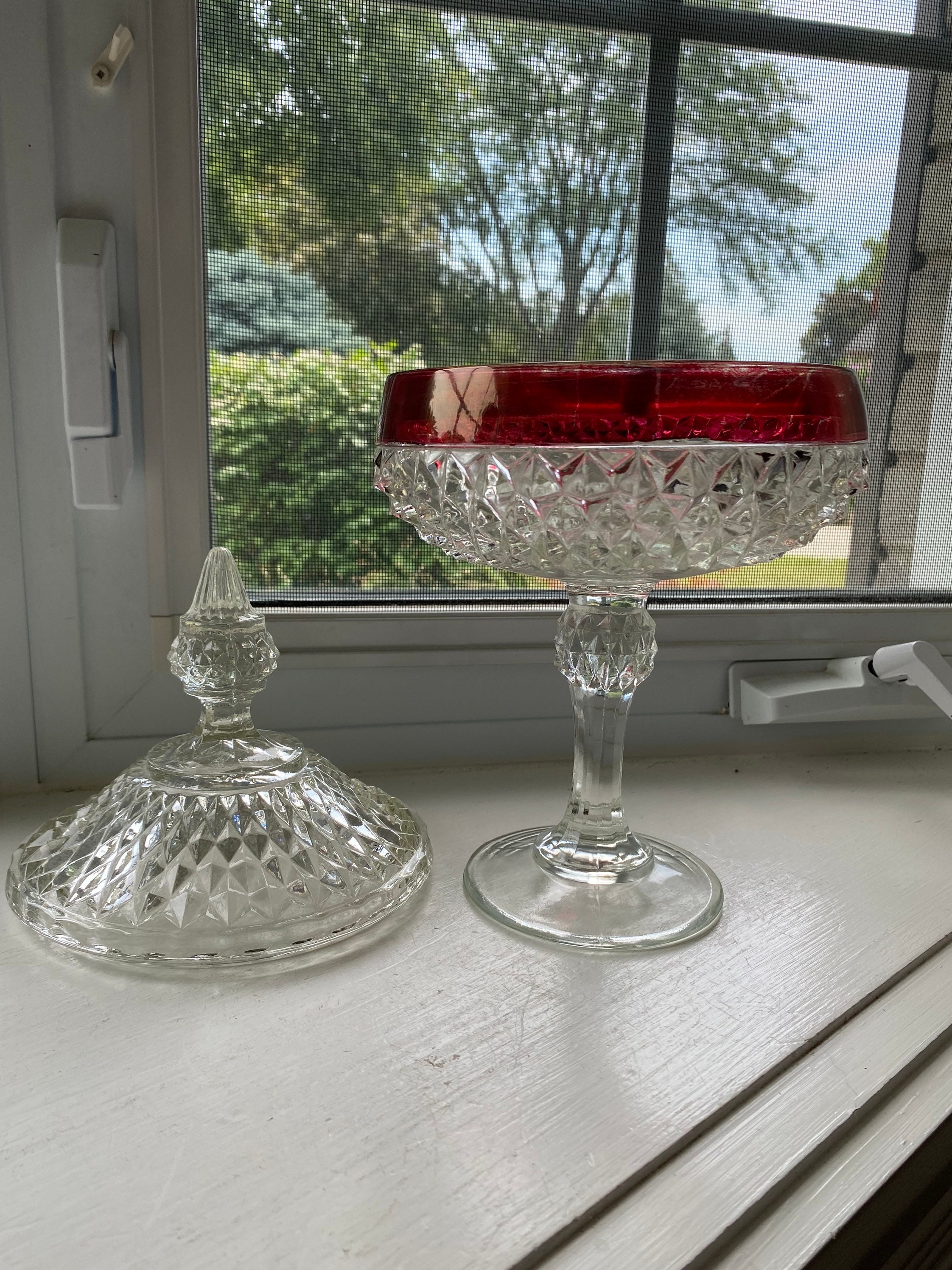 Vintage Pedestal Pressed Glass Candy Dish With Cranberry Glass - Etsy