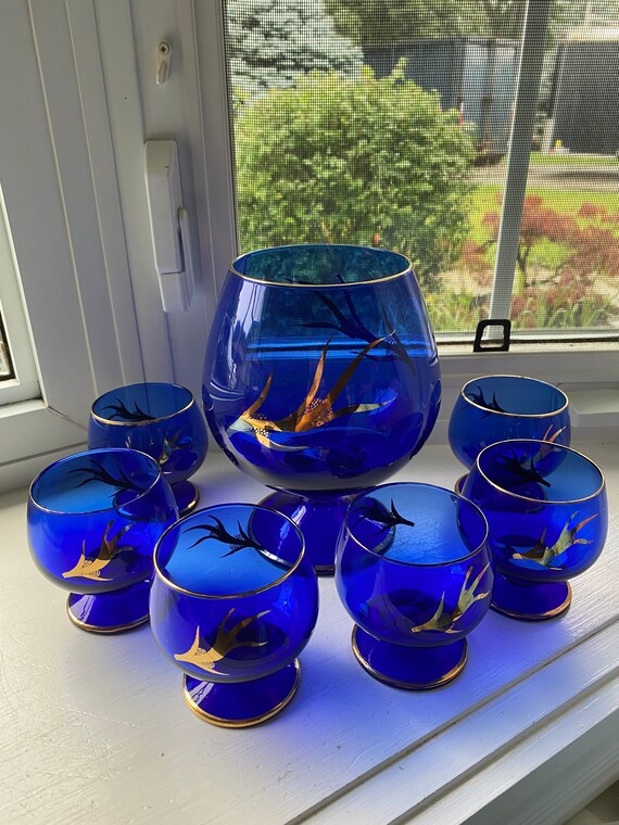 Vintage Cobalt Blue Glass Brandy Set Gold Accents Set of 7 | Etsy