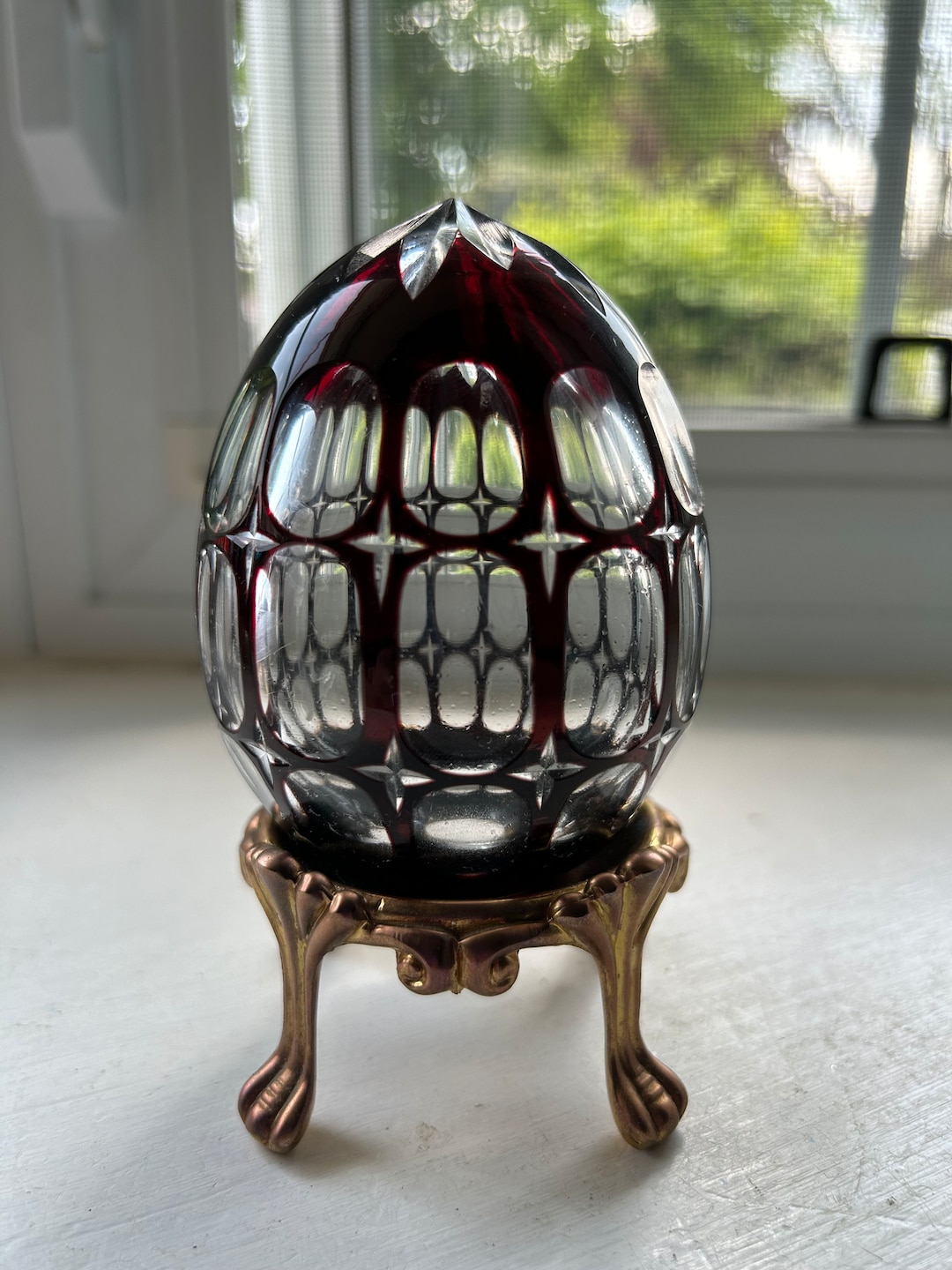 Vintage Glass Egg, Cut to Clear Dark Red Glass Egg With Stand, Cased ...