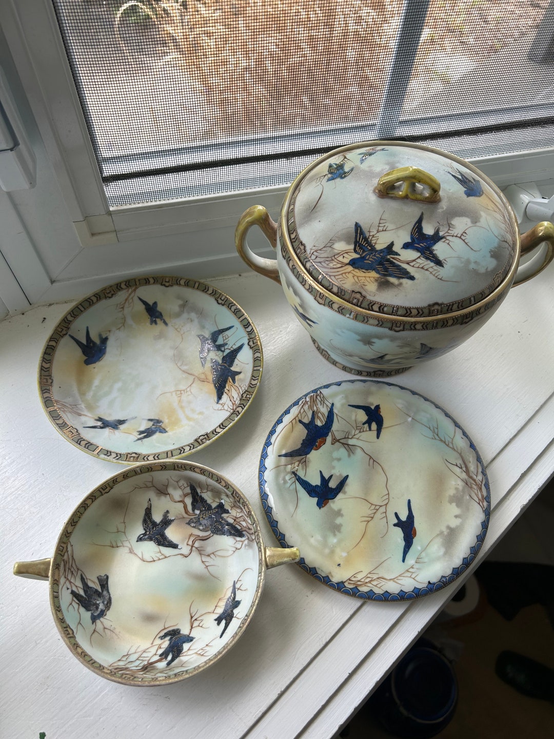 Antique Japanese Blue Bird Lidded Bowl on a Plate, and 1 Flat Tea Cup ...