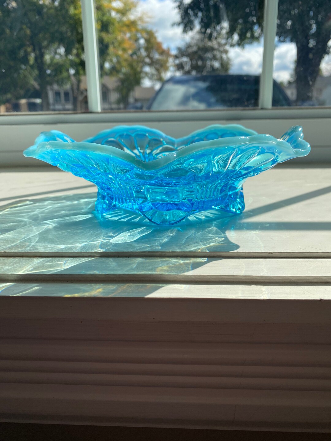 Vintage EAPG Jefferson Glass Tokyo Blue Opalescent Ruffled Edge Footed ...