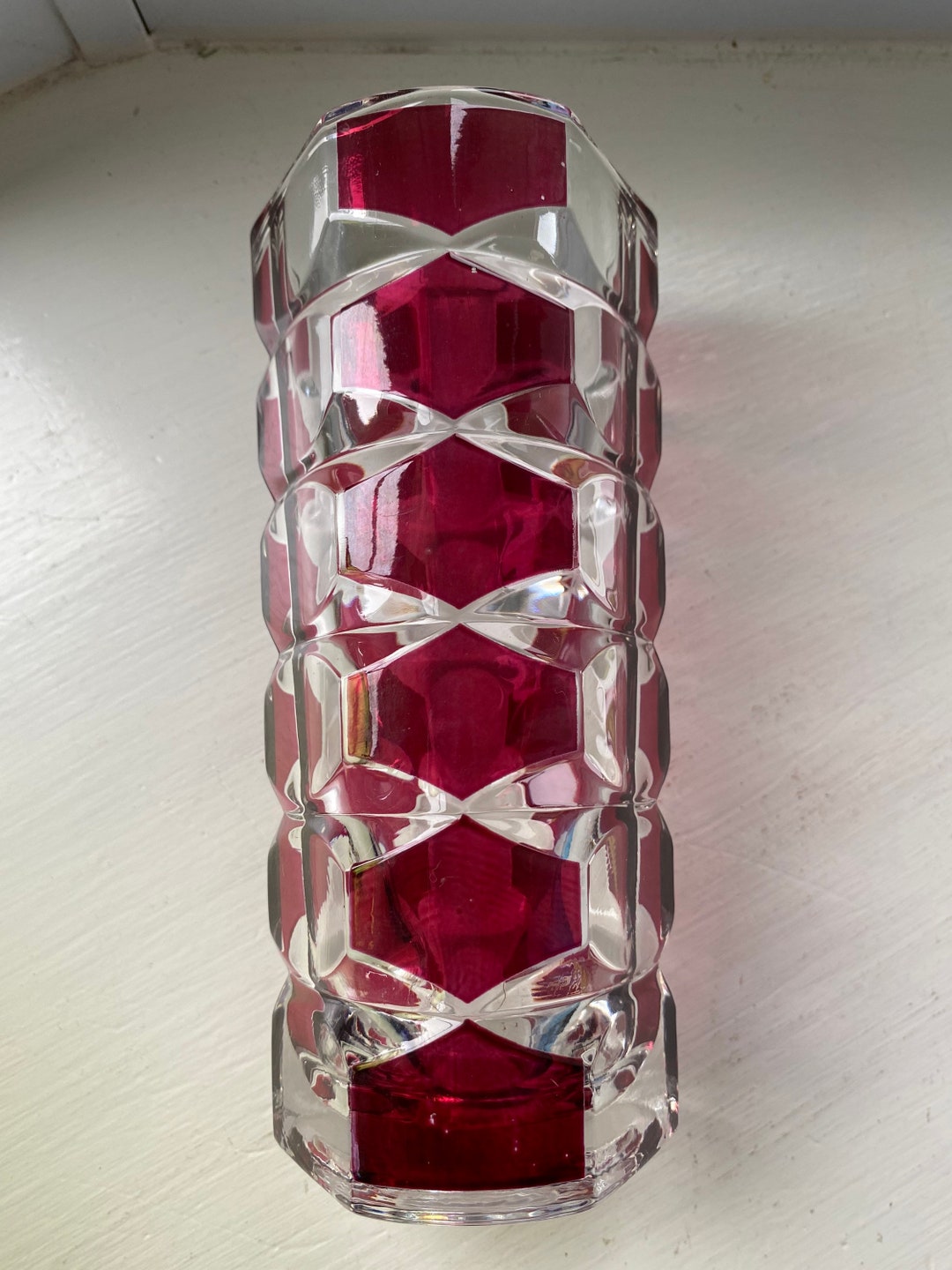 Vintage Luminarc Glass Vase With Geometric Ruby Red Pattern, Made in ...