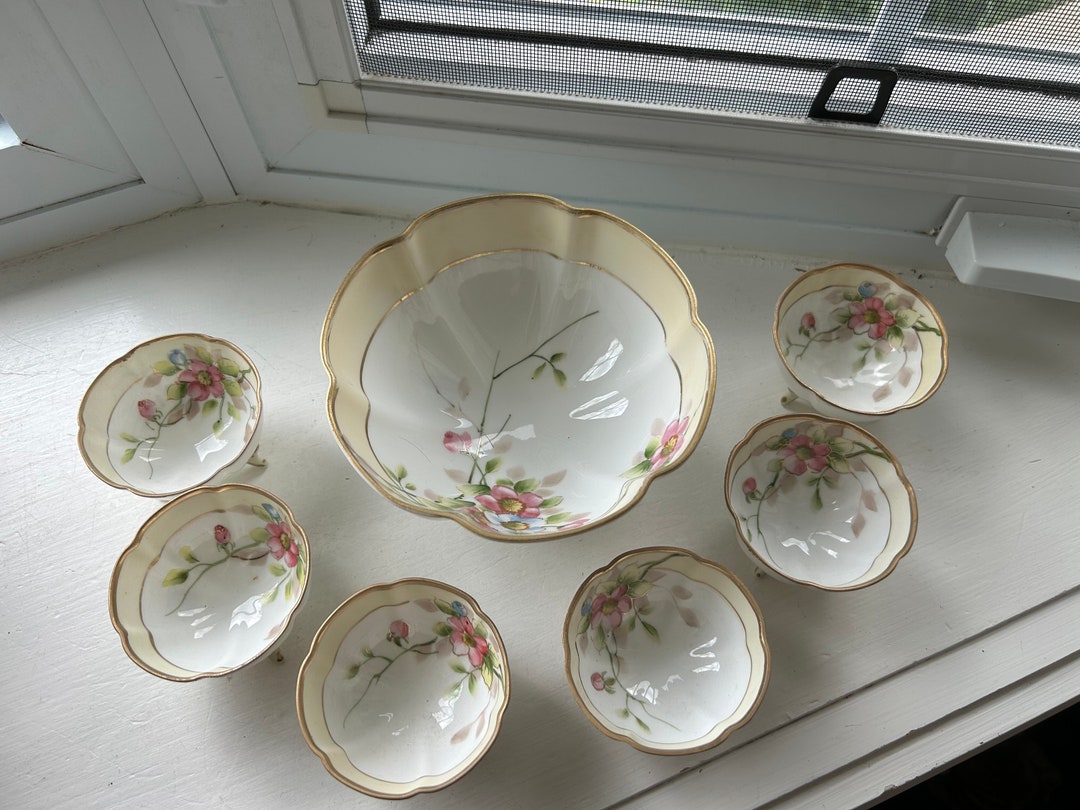 Antique Morimura Bros Footed Nut Bowl Set, Hand Painted Nippon, Floral ...