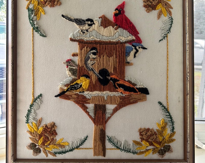 Vintage Crewel Embroidery Cross-stitch, Bird Feeder With Birds, Framed ...