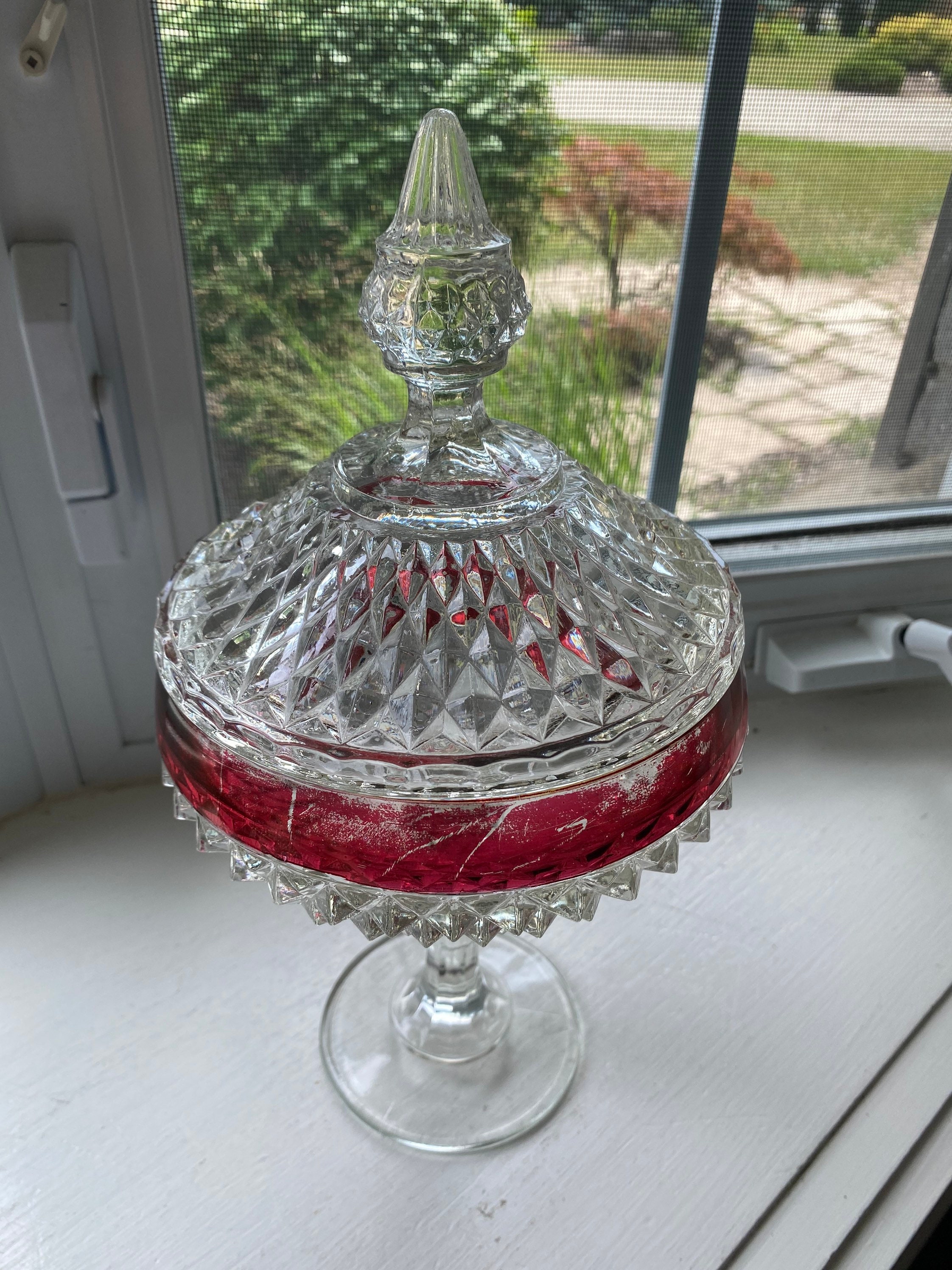 Vintage Pedestal Pressed Glass Candy Dish With Cranberry Glass - Etsy