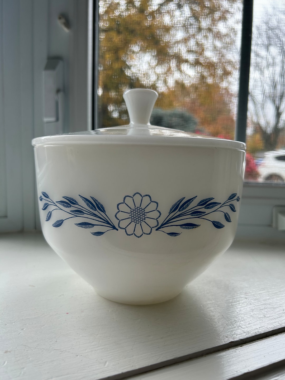 Vintage Federal Glass Blue Flower Print Bowl With Lid, Marked Heat ...