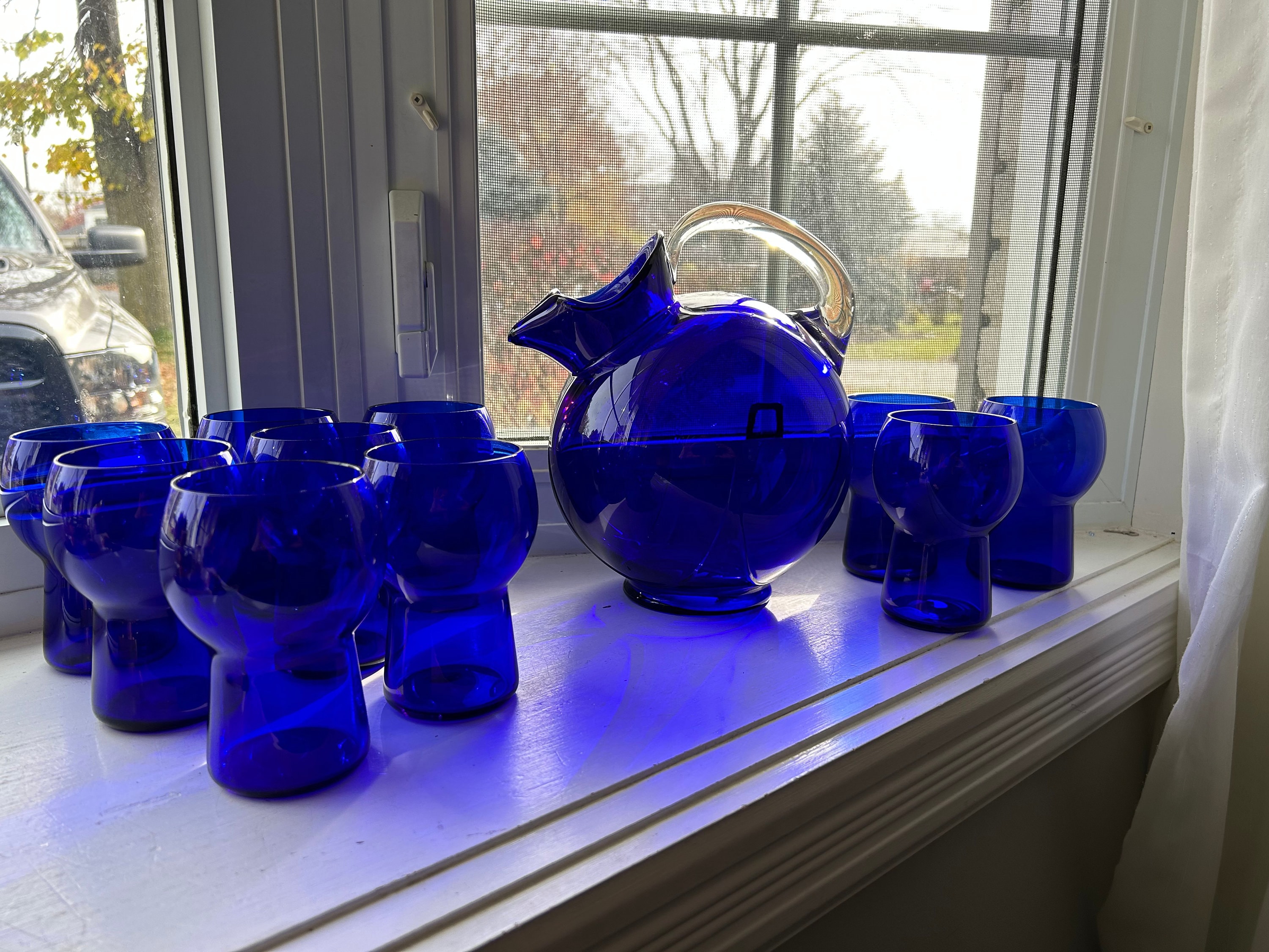 Vintage Cambridge Cobalt Blue Pitcher and Mushroom Glasses, Ball