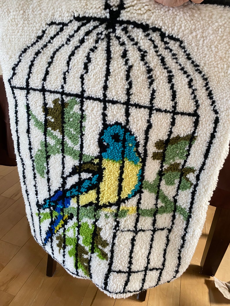 Vintage Latch Hook Wall Hanging Bird in a Cage Wall Decor | Etsy