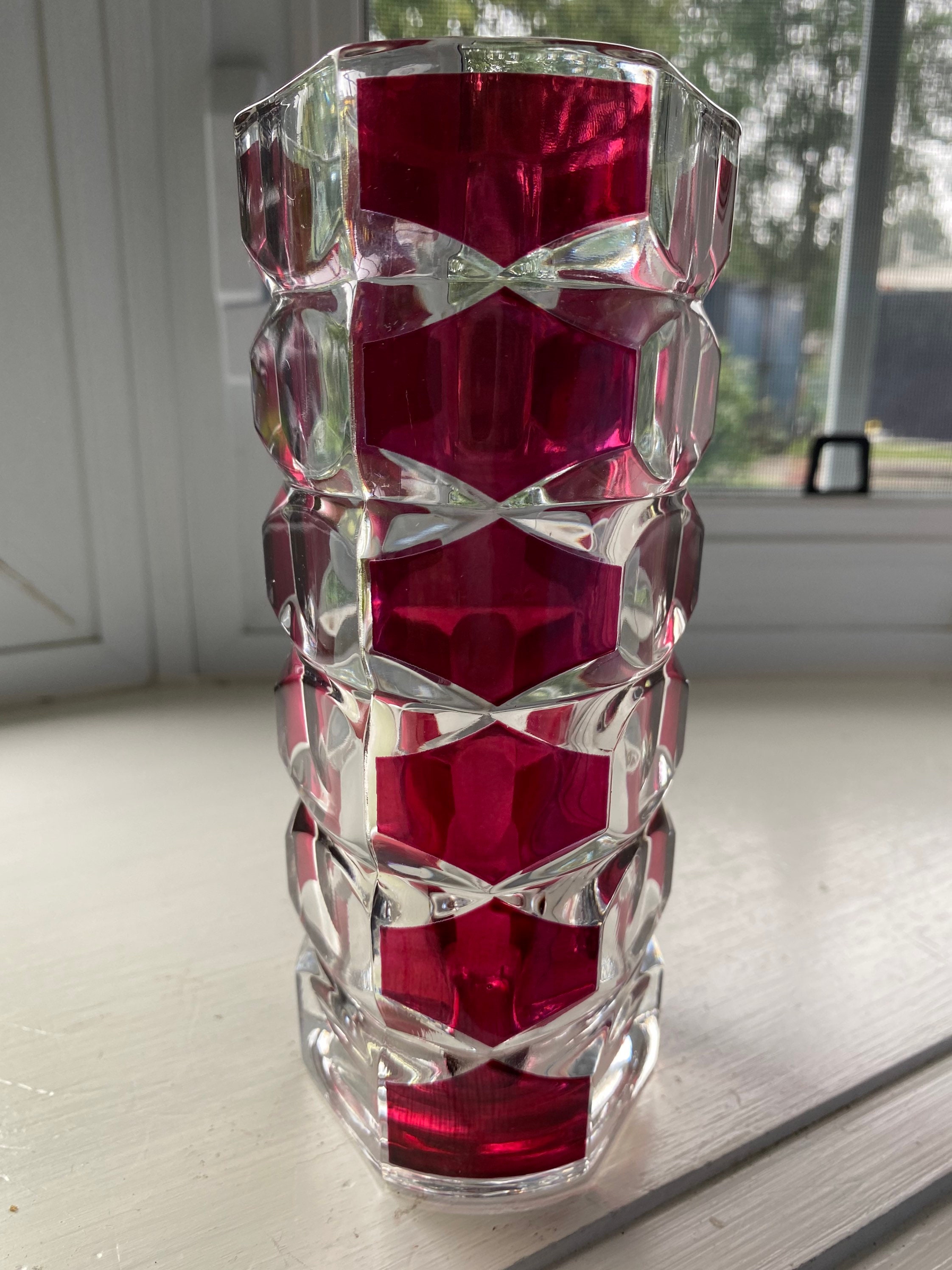 Vintage Luminarc Glass Vase With Geometric Ruby Red Pattern - Etsy