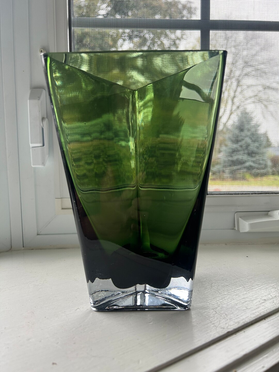 Vintage Triangle Vase, Heavy Green Glass With Clear Base, Triangular ...